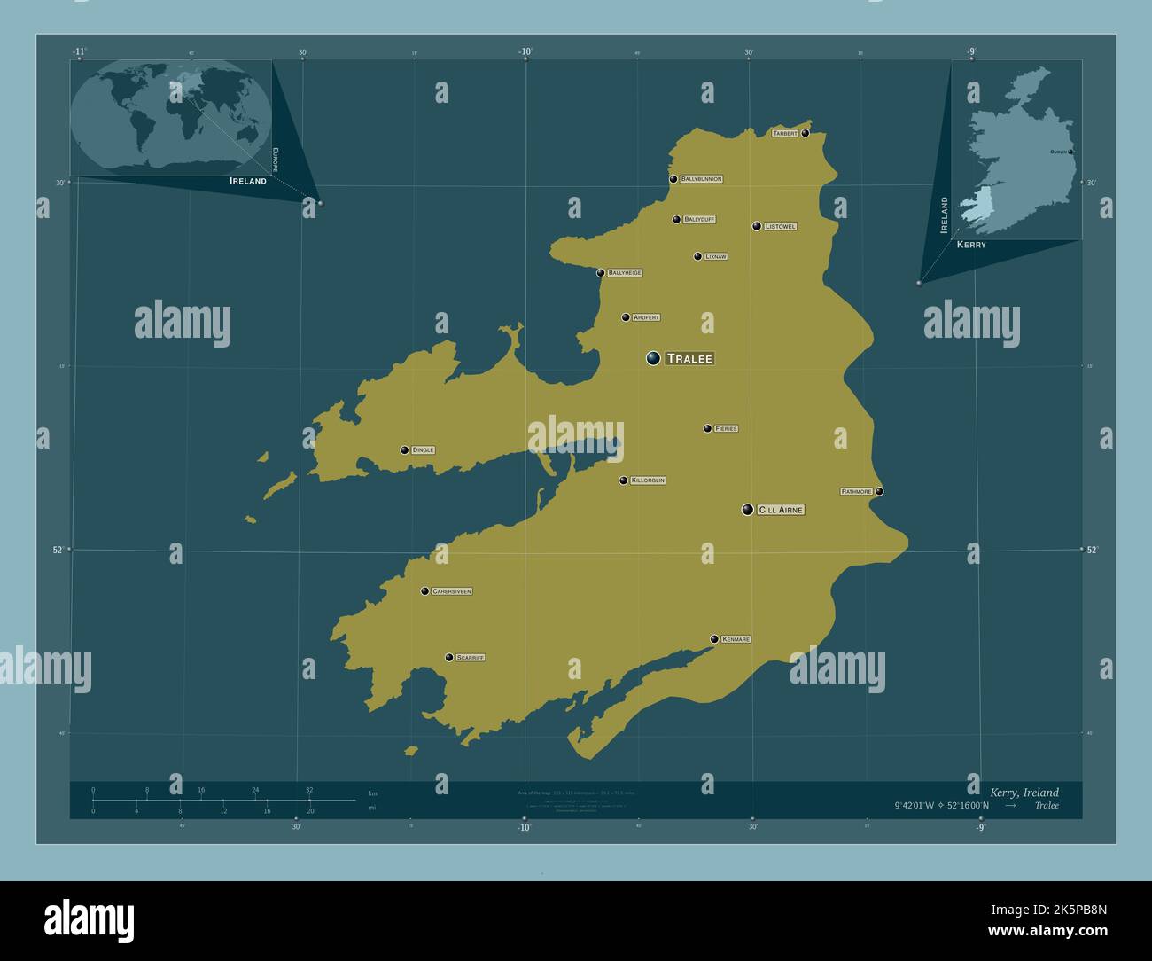 Kerry, county of Ireland. Solid color shape. Locations and names of ...