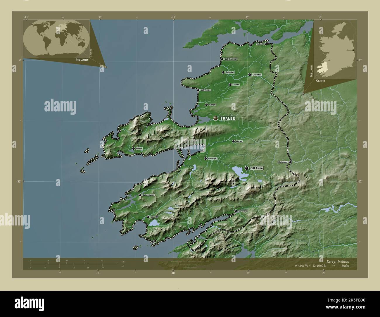 Kerry, county of Ireland. Elevation map colored in wiki style with ...