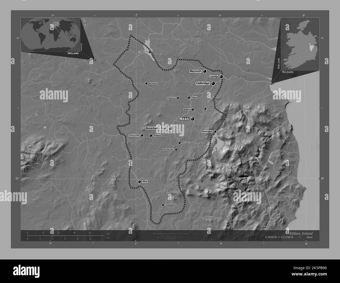 Kildare, county of Ireland. Bilevel elevation map with lakes and rivers ...