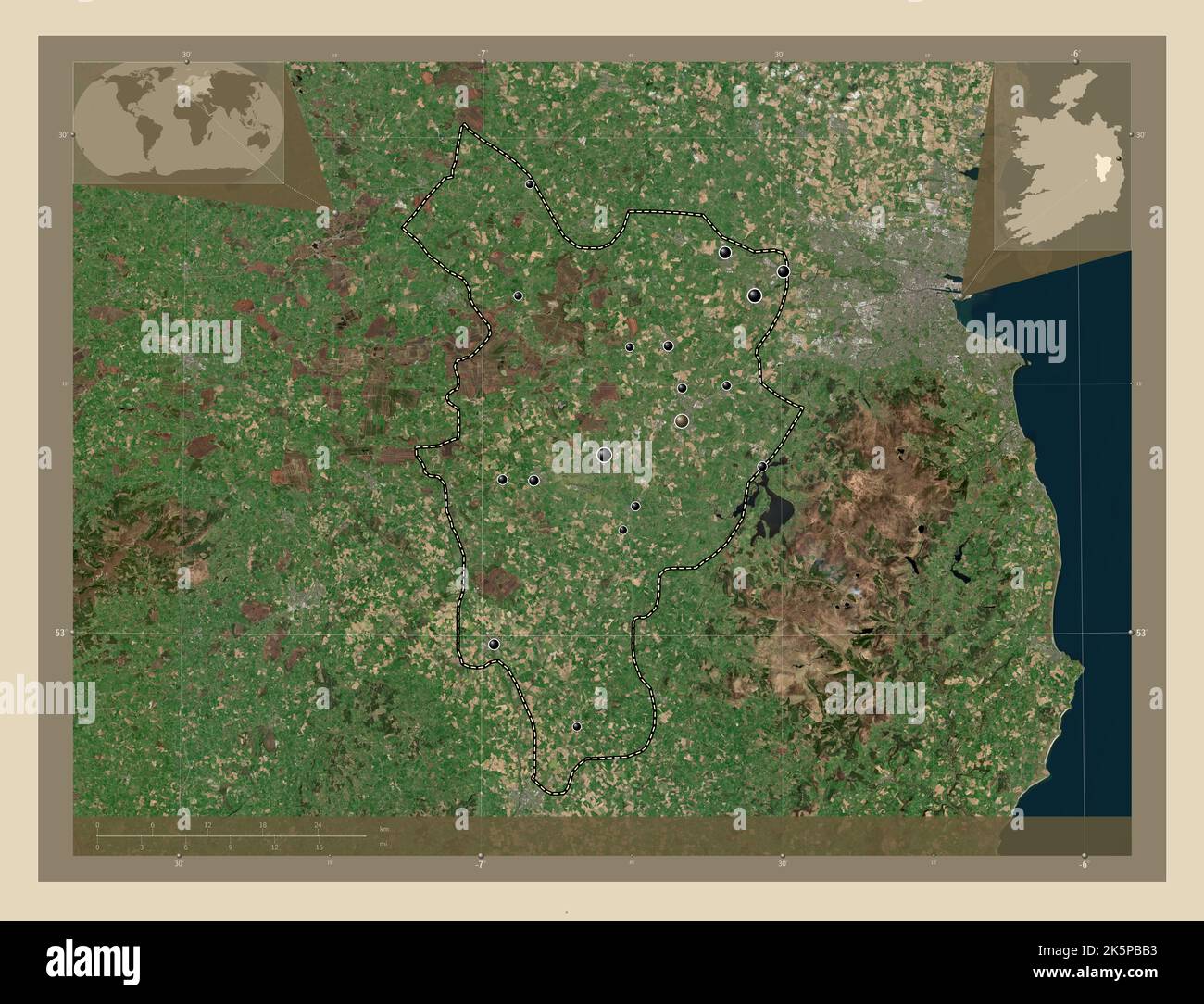 Kildare, county of Ireland. High resolution satellite map. Locations of ...