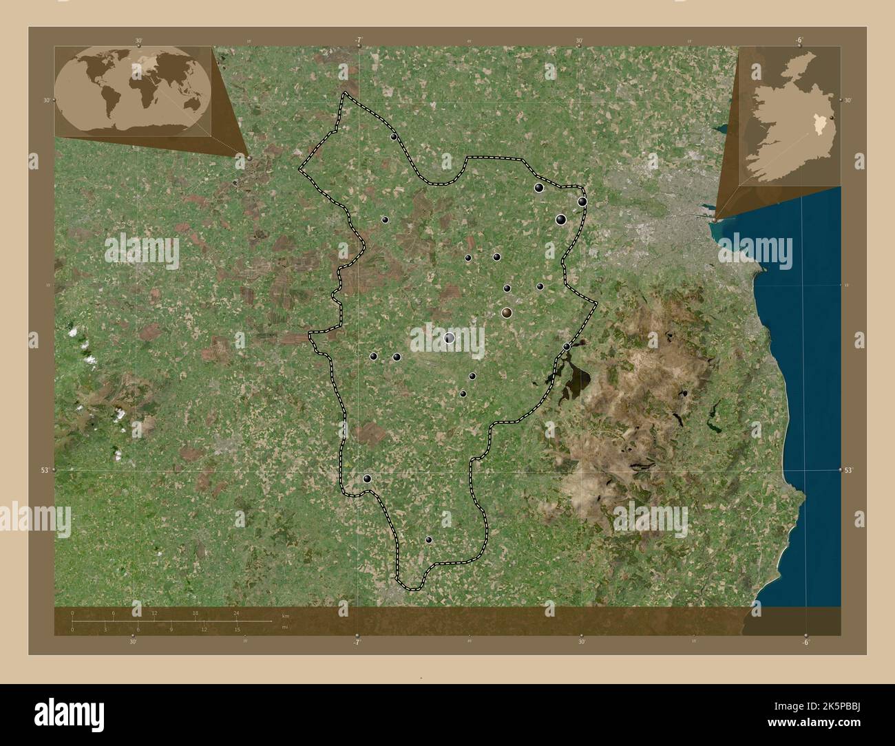 Kildare, county of Ireland. Low resolution satellite map. Locations of ...