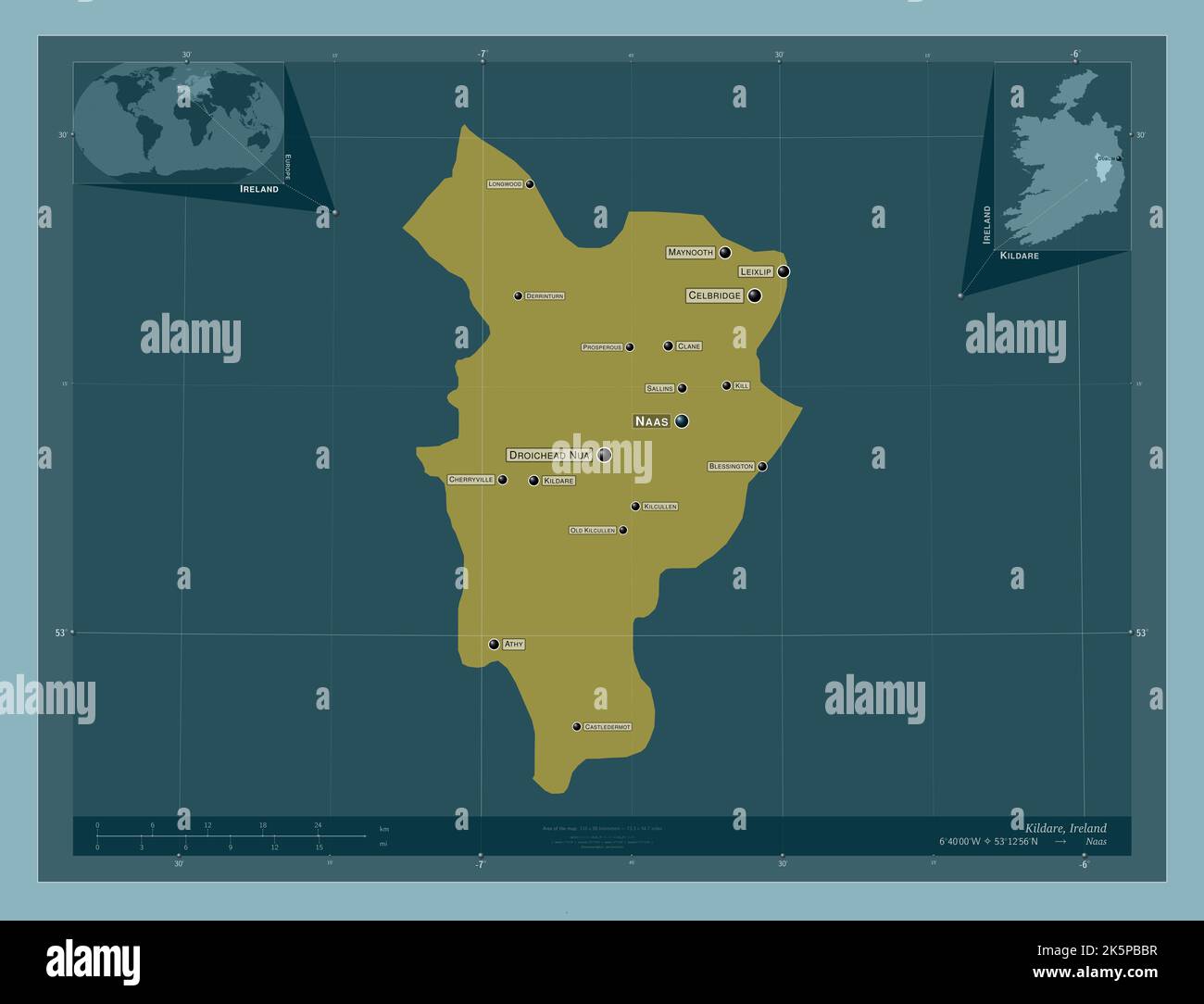 Kildare, county of Ireland. Solid color shape. Locations and names of ...