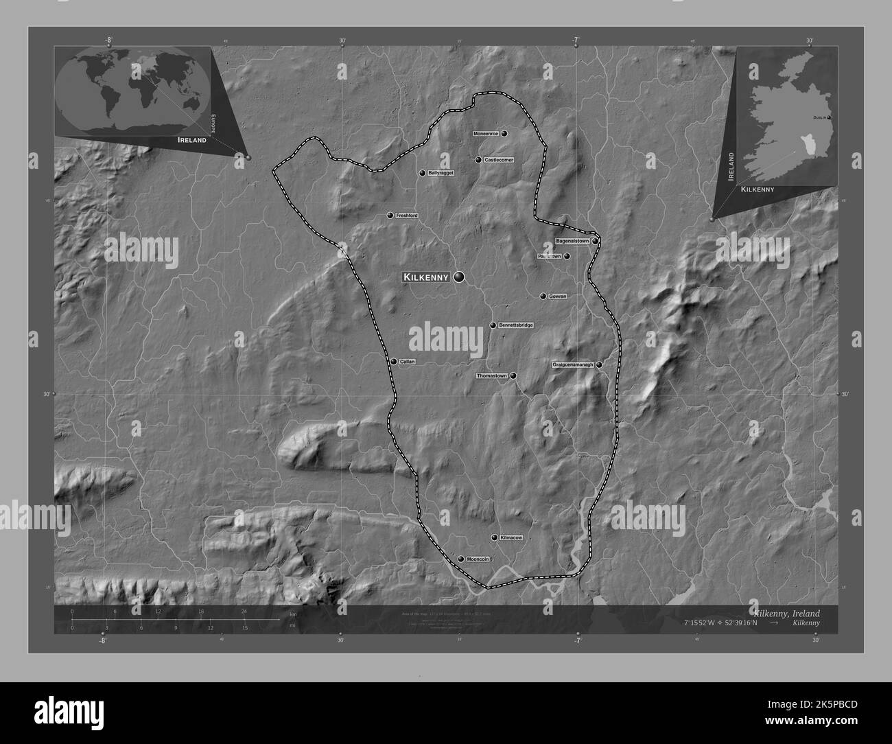 Kilkenny, county of Ireland. Bilevel elevation map with lakes and ...