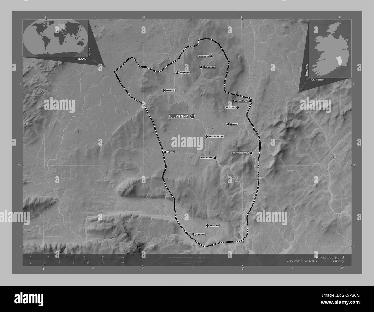 Kilkenny, county of Ireland. Grayscale elevation map with lakes and ...