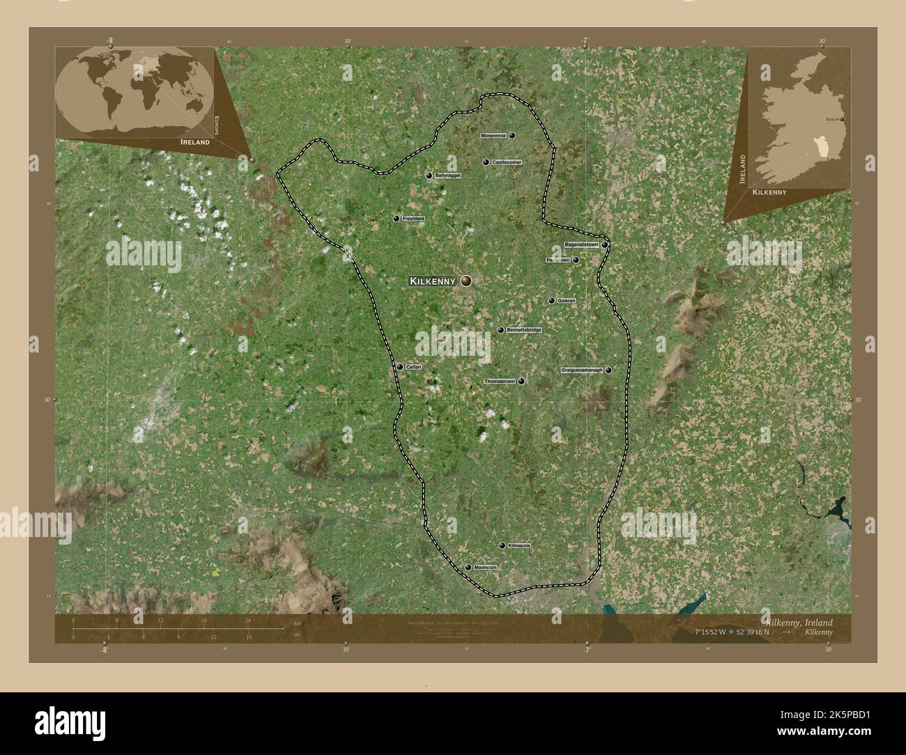 Kilkenny, county of Ireland. Low resolution satellite map. Locations ...