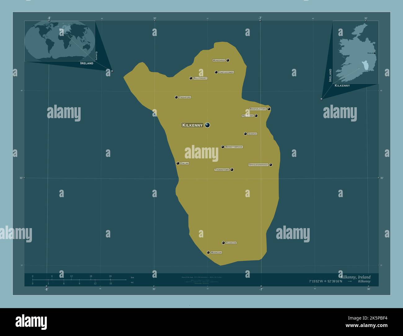 Kilkenny, county of Ireland. Solid color shape. Locations and names of ...