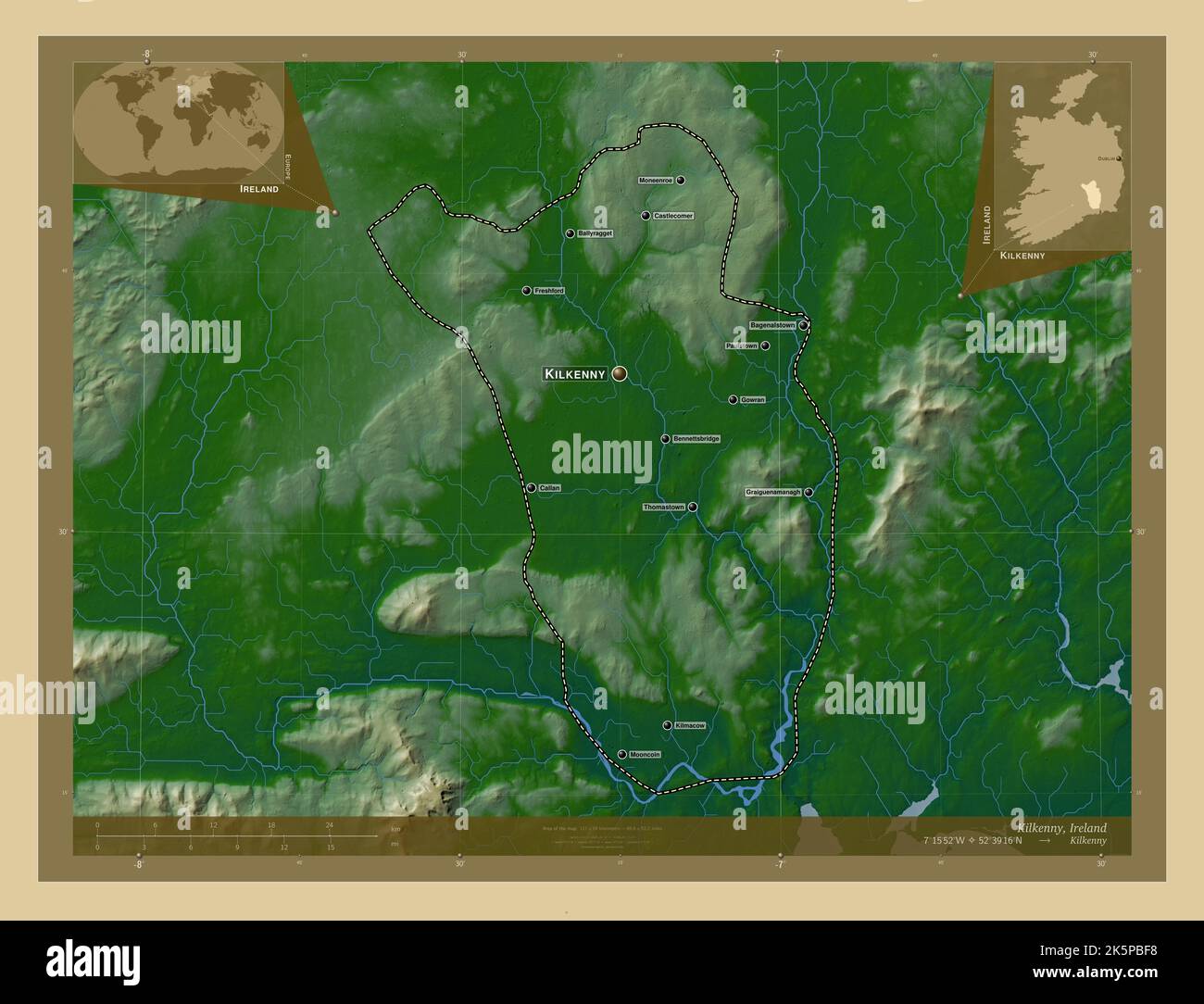 Kilkenny, county of Ireland. Colored elevation map with lakes and ...