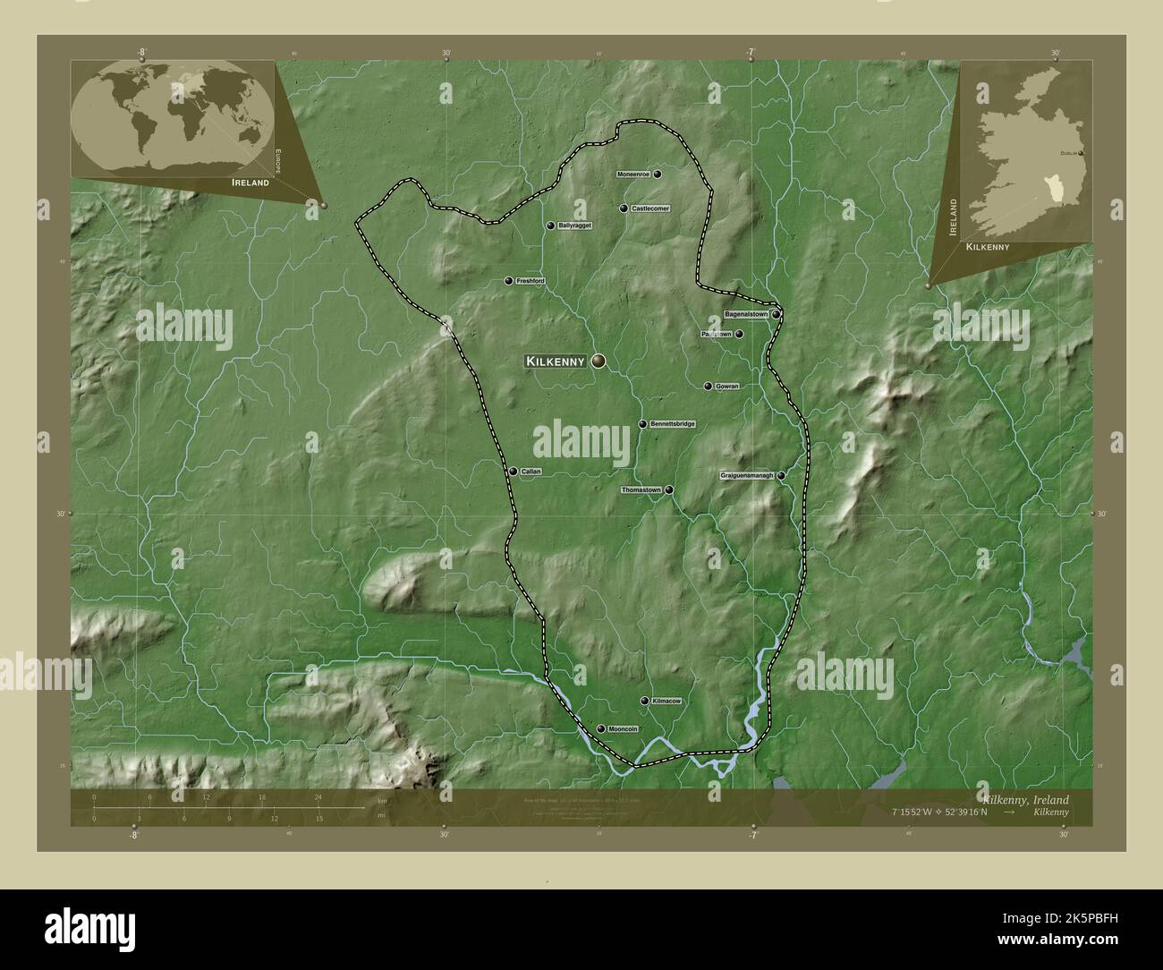Kilkenny, county of Ireland. Elevation map colored in wiki style with ...