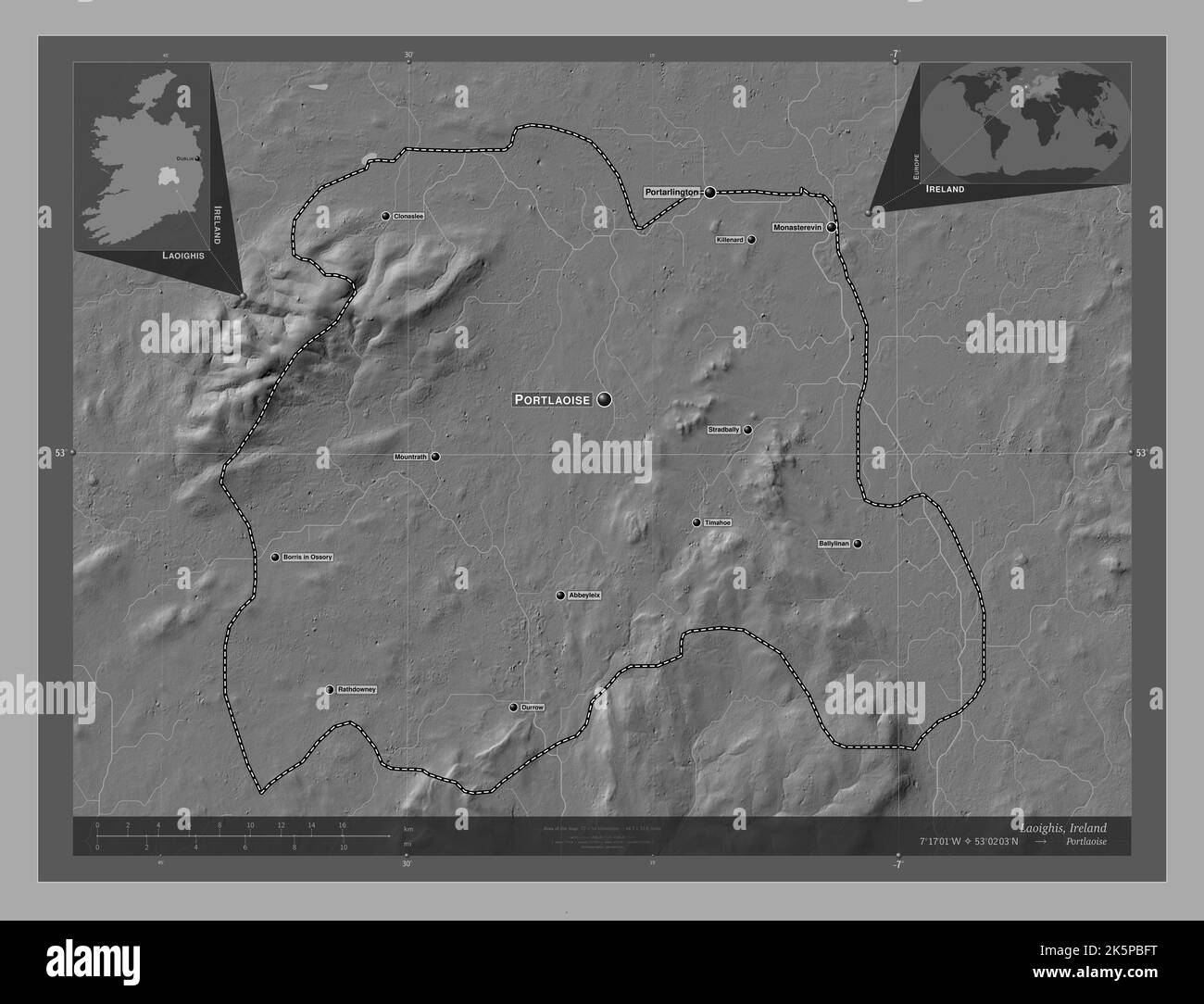 Laoighis, county of Ireland. Bilevel elevation map with lakes and ...