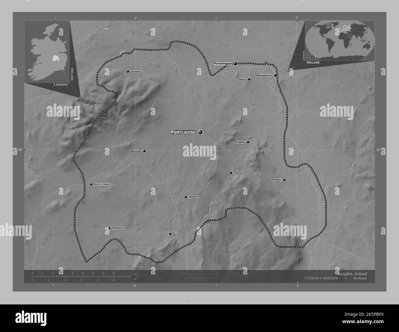 Laoighis, county of Ireland. Grayscale elevation map with lakes and ...