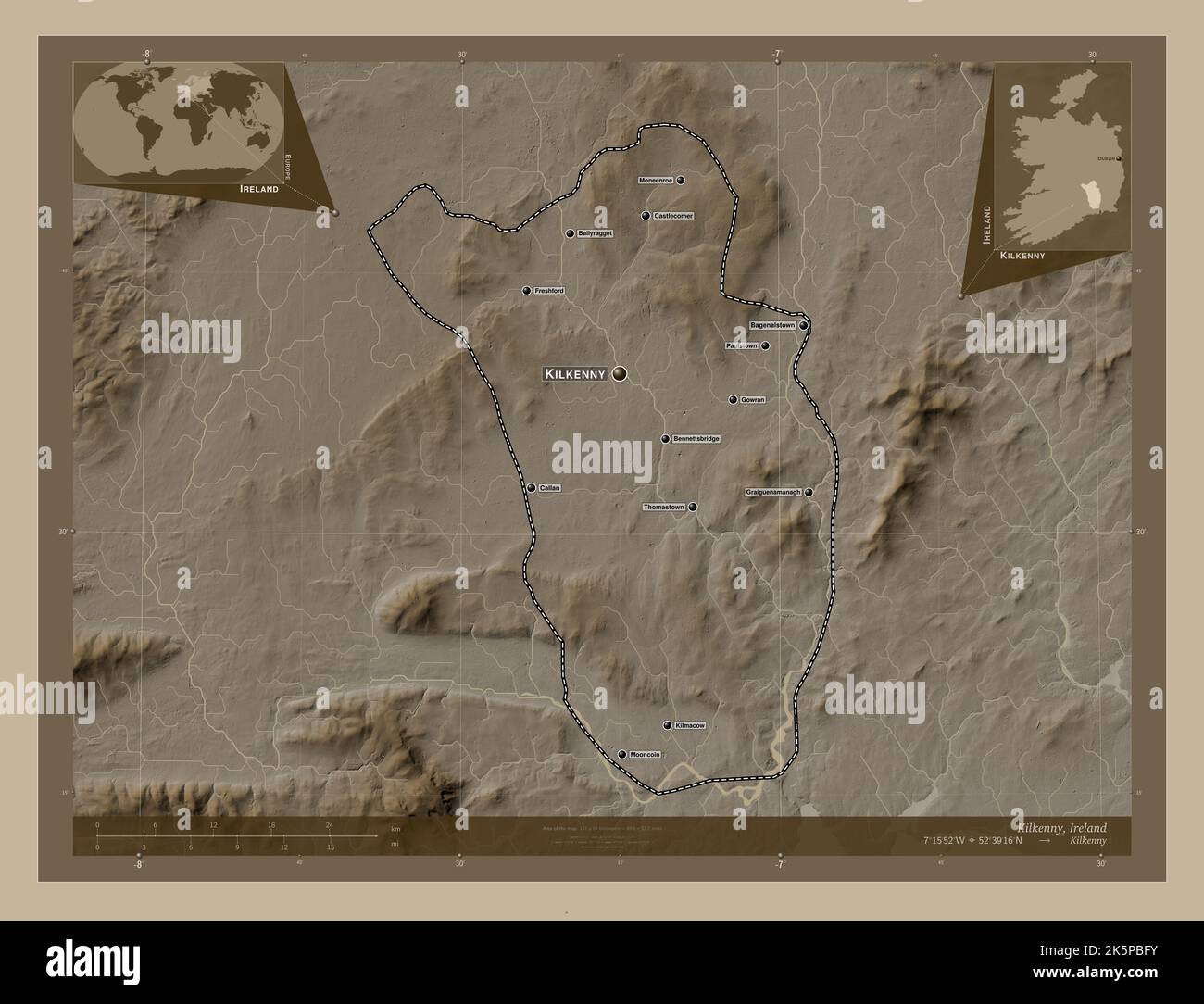 Kilkenny, county of Ireland. Elevation map colored in sepia tones with ...