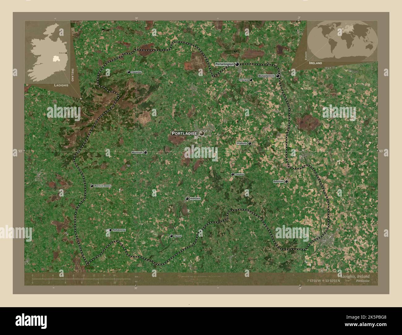 Laoighis, county of Ireland. High resolution satellite map. Locations ...