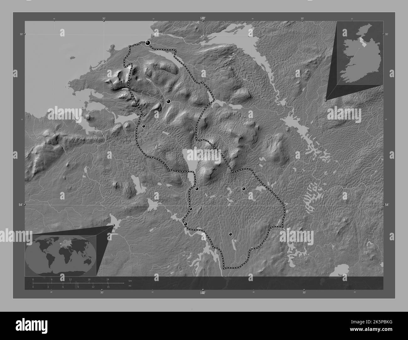 Leitrim, county of Ireland. Bilevel elevation map with lakes and rivers ...
