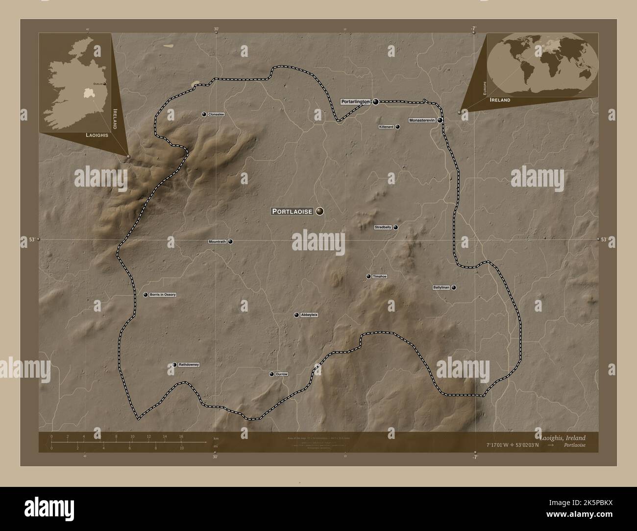 Laoighis, county of Ireland. Elevation map colored in sepia tones with ...