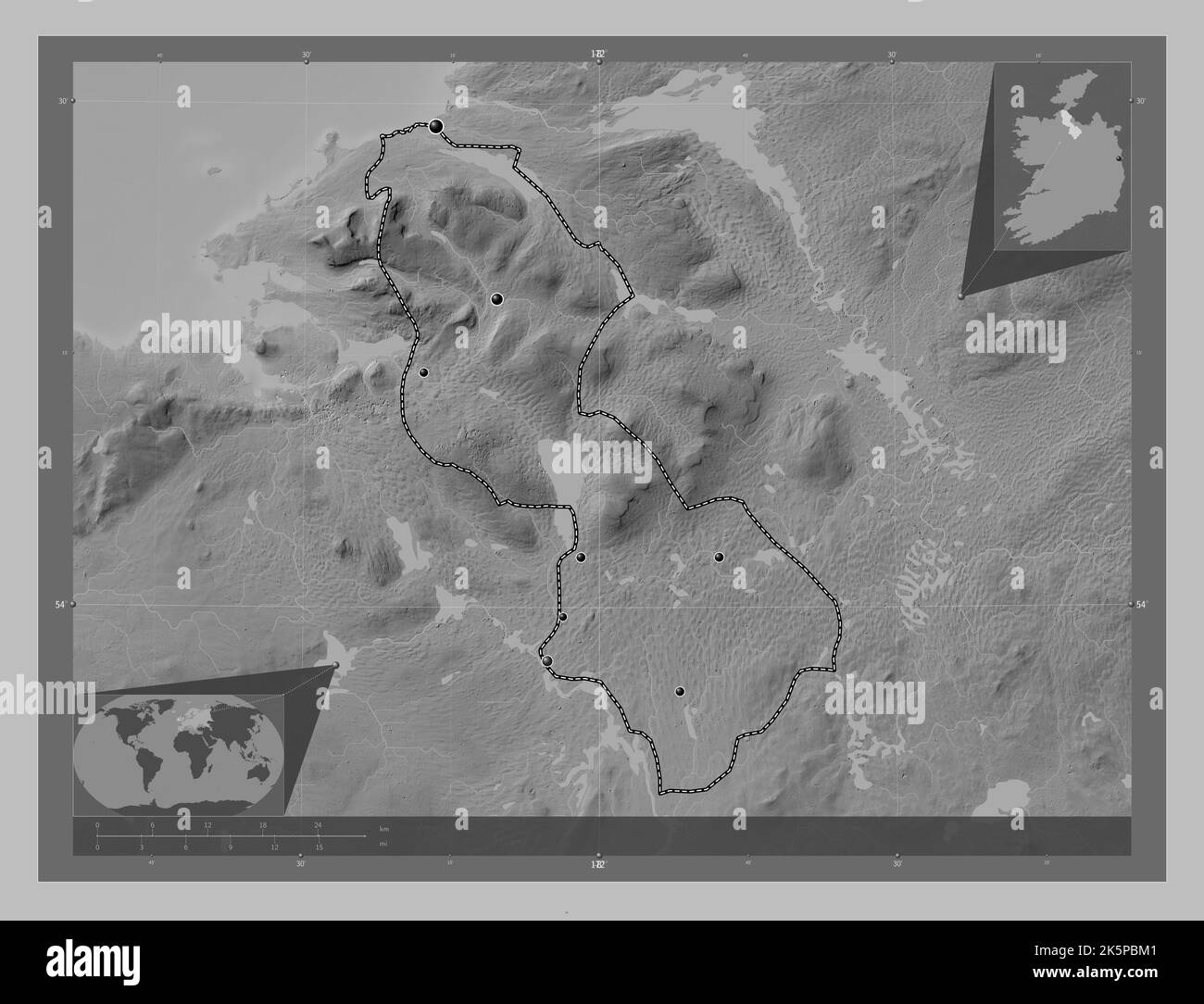 Leitrim, county of Ireland. Grayscale elevation map with lakes and ...
