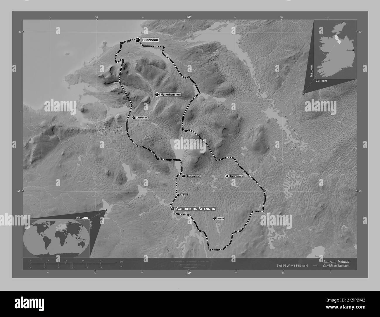 Leitrim, county of Ireland. Grayscale elevation map with lakes and ...