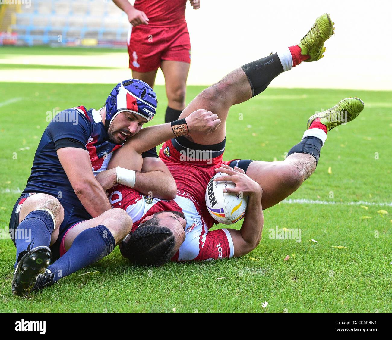 Halifax, England -8th October 2022 - Konrad Hurrell of Tonga steps ...