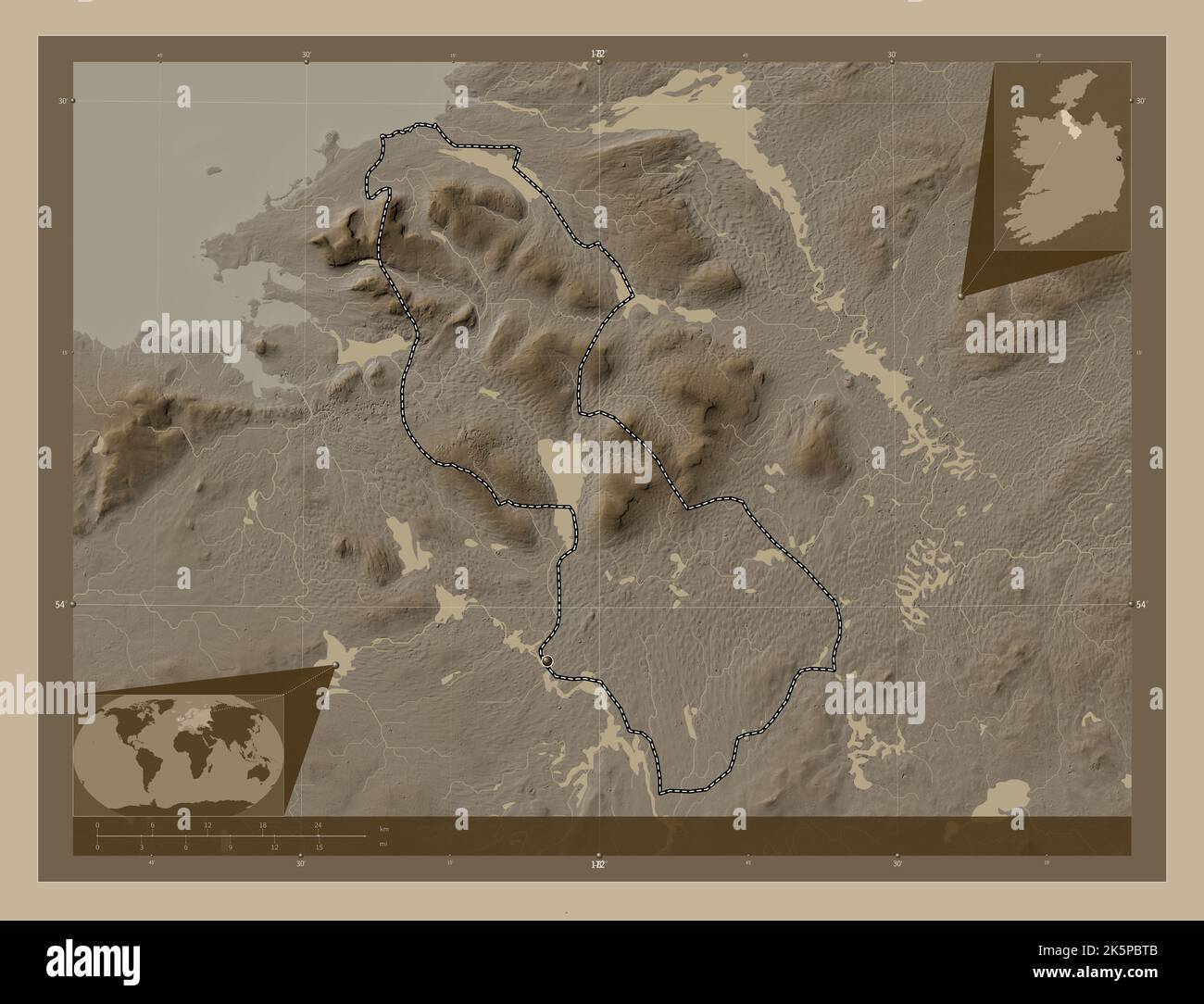 Leitrim, county of Ireland. Elevation map colored in sepia tones with ...