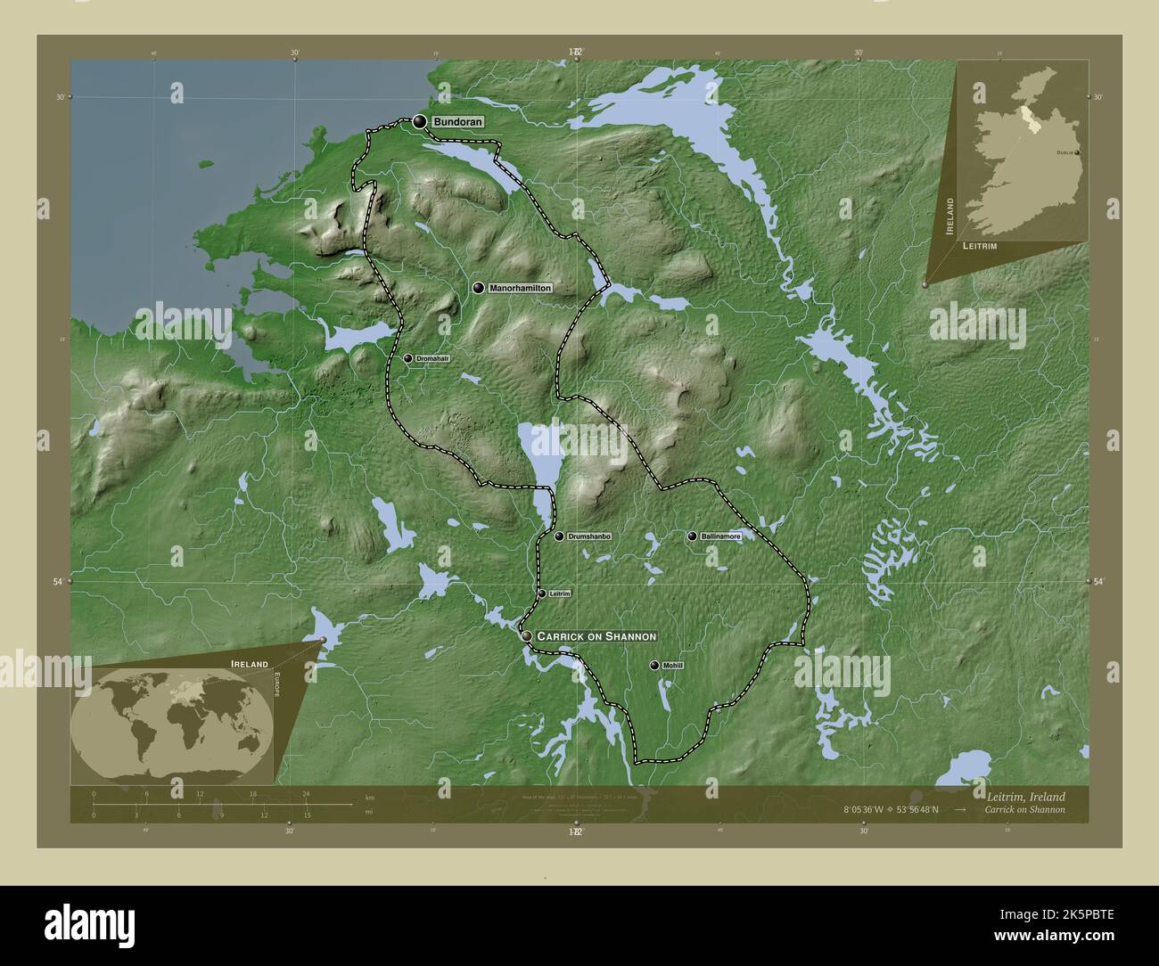 Leitrim, county of Ireland. Elevation map colored in wiki style with ...
