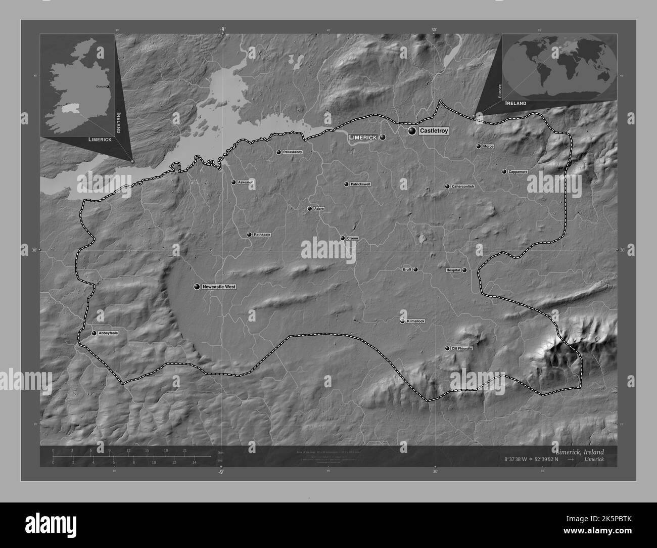 Limerick, county of Ireland. Bilevel elevation map with lakes and ...