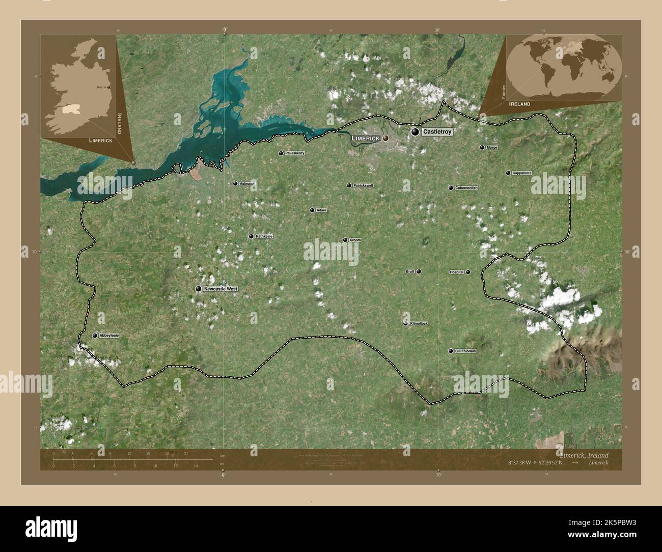 Limerick, county of Ireland. Low resolution satellite map. Locations ...