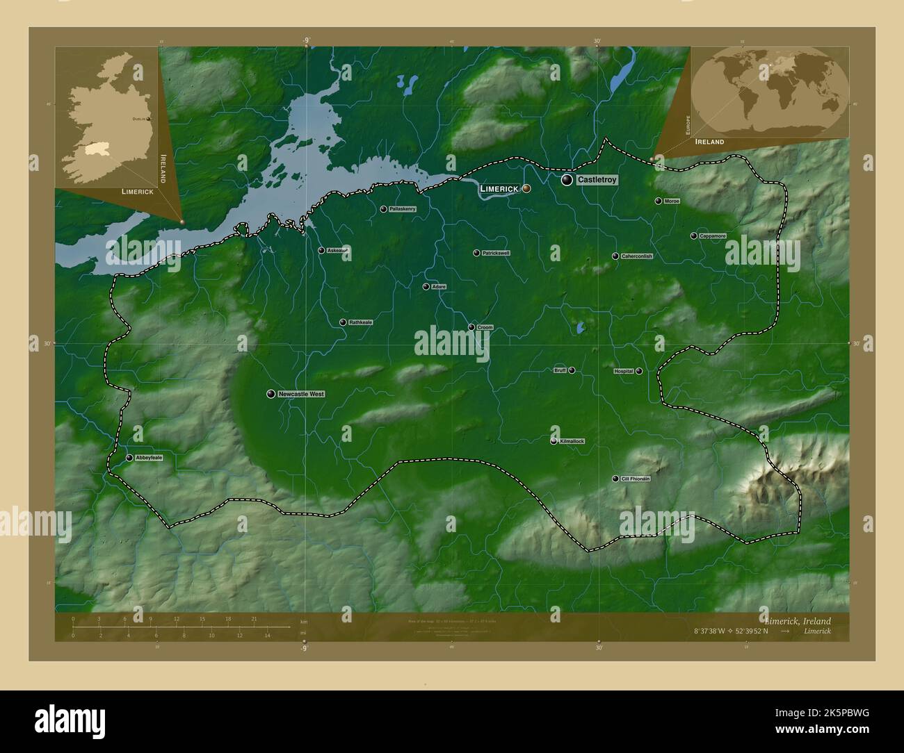 Limerick, county of Ireland. Colored elevation map with lakes and ...