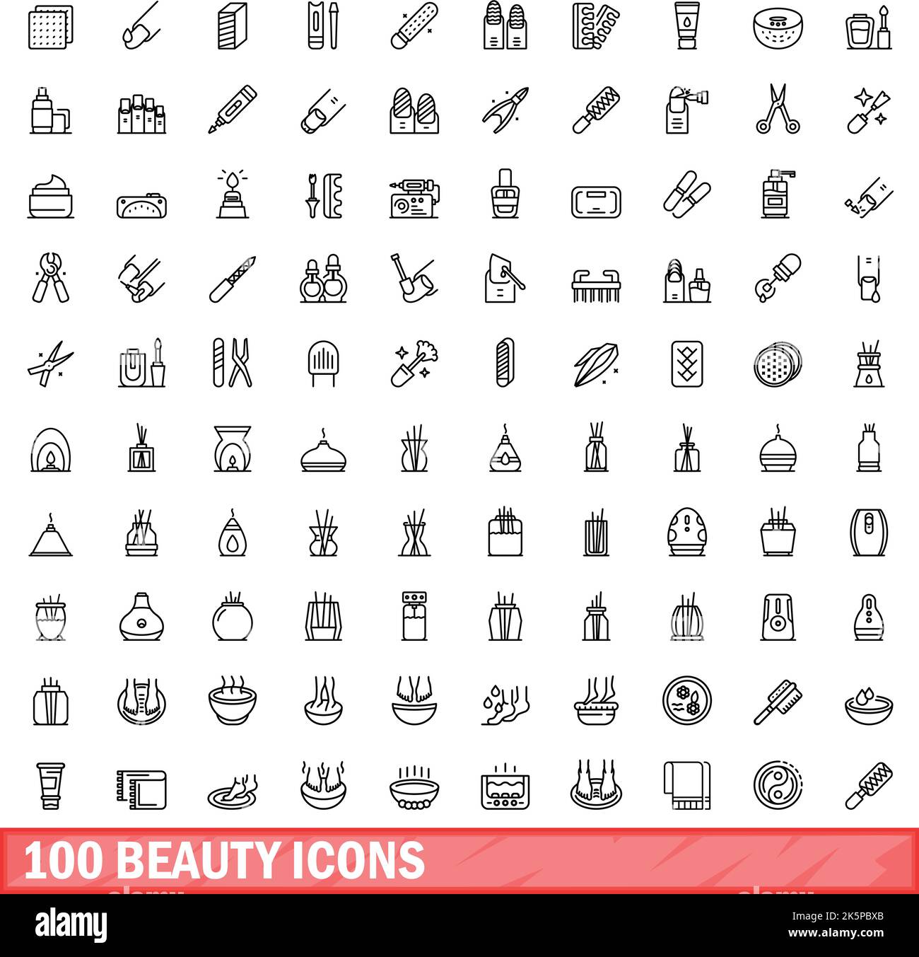 100 beauty icons set. Outline illustration of 100 beauty icons vector ...
