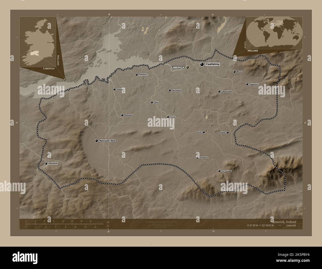 Limerick, county of Ireland. Elevation map colored in sepia tones with ...