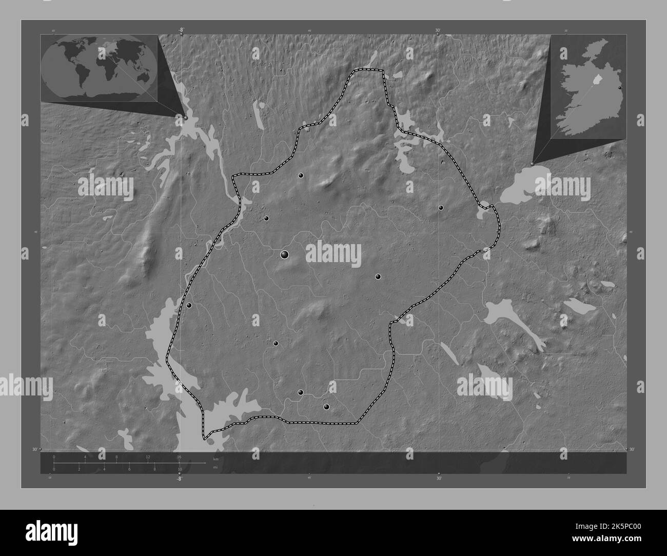 Longford, county of Ireland. Bilevel elevation map with lakes and ...