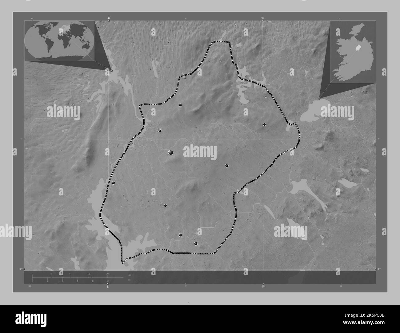 Longford, county of Ireland. Grayscale elevation map with lakes and ...