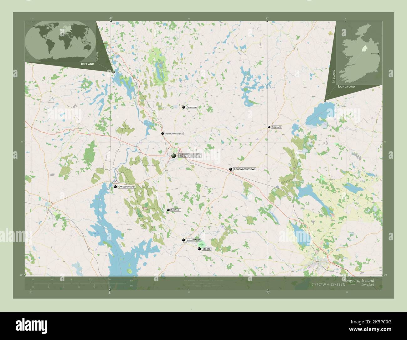 Longford, county of Ireland. Open Street Map. Locations and names of ...