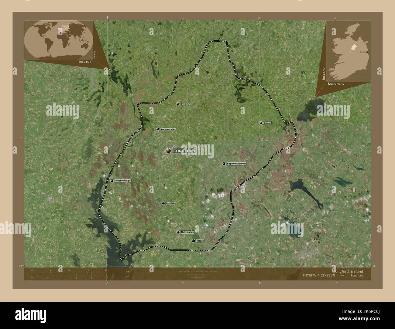 Longford, county of Ireland. Low resolution satellite map. Locations ...