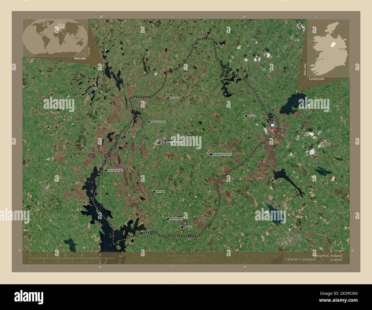 Longford, county of Ireland. High resolution satellite map. Locations ...