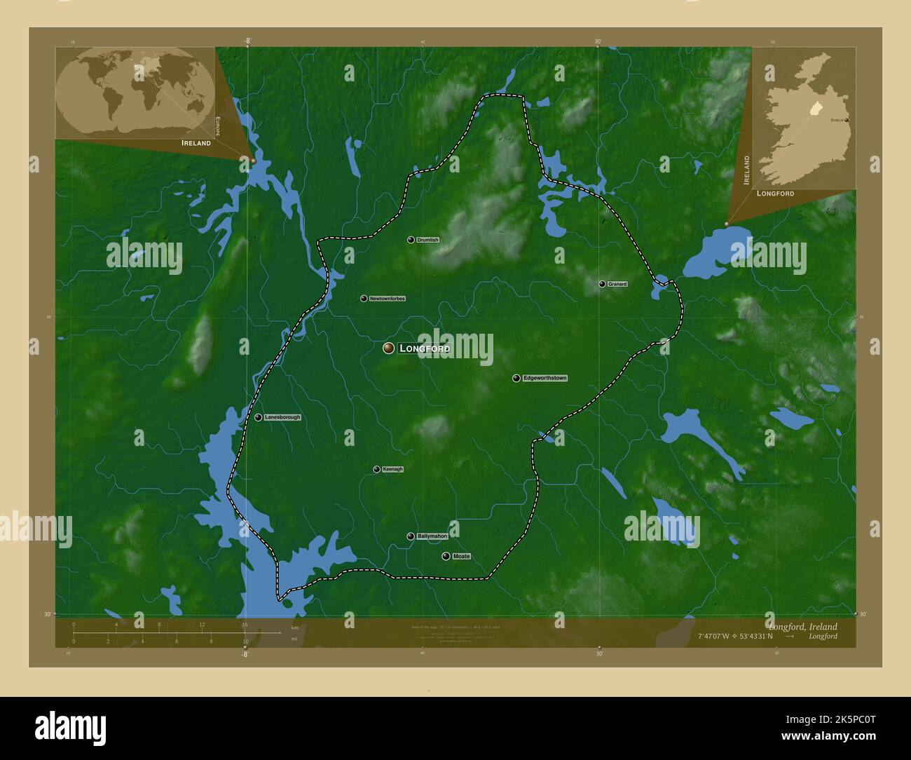 Longford, county of Ireland. Colored elevation map with lakes and ...