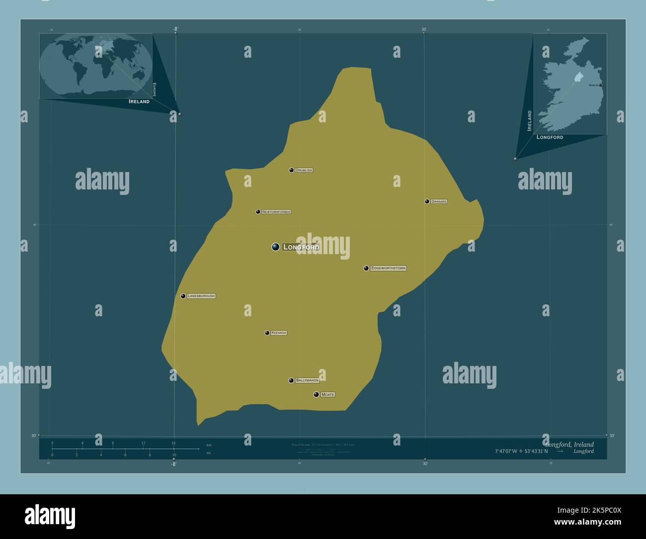Longford, county of Ireland. Solid color shape. Locations and names of ...