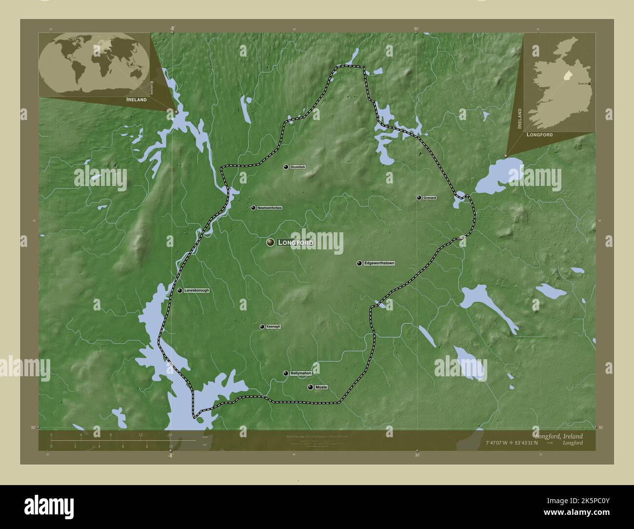 Longford, county of Ireland. Elevation map colored in wiki style with ...