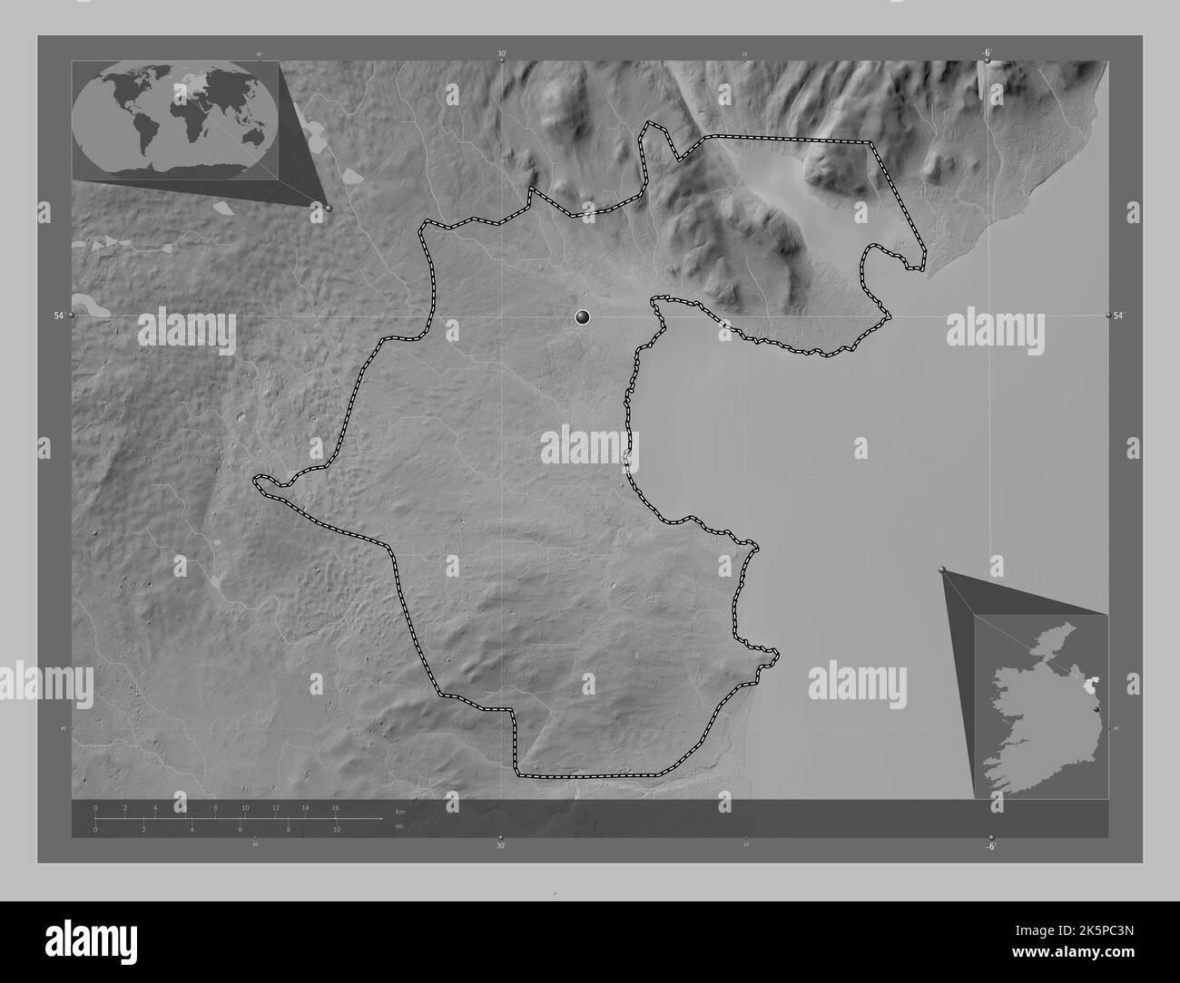 Louth, county of Ireland. Grayscale elevation map with lakes and rivers ...