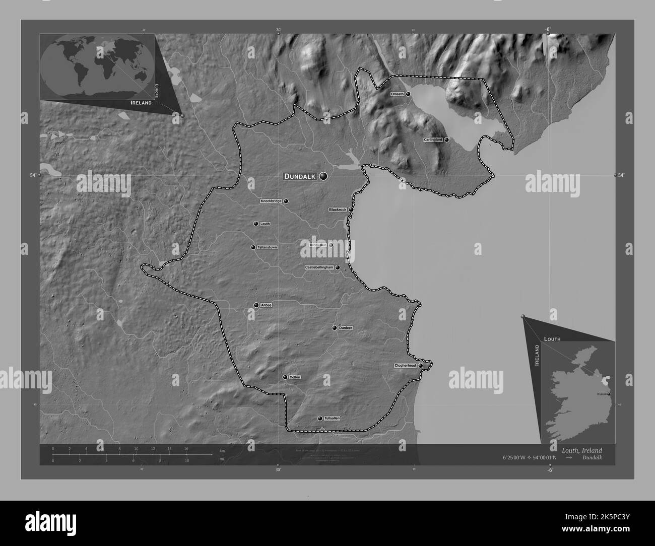 Louth, county of Ireland. Bilevel elevation map with lakes and rivers ...