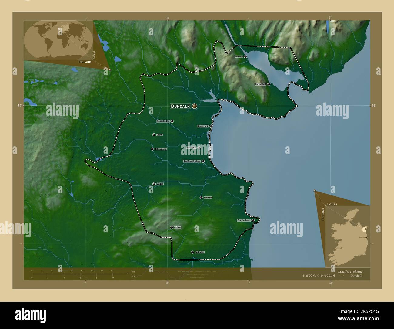 Louth, county of Ireland. Colored elevation map with lakes and rivers ...