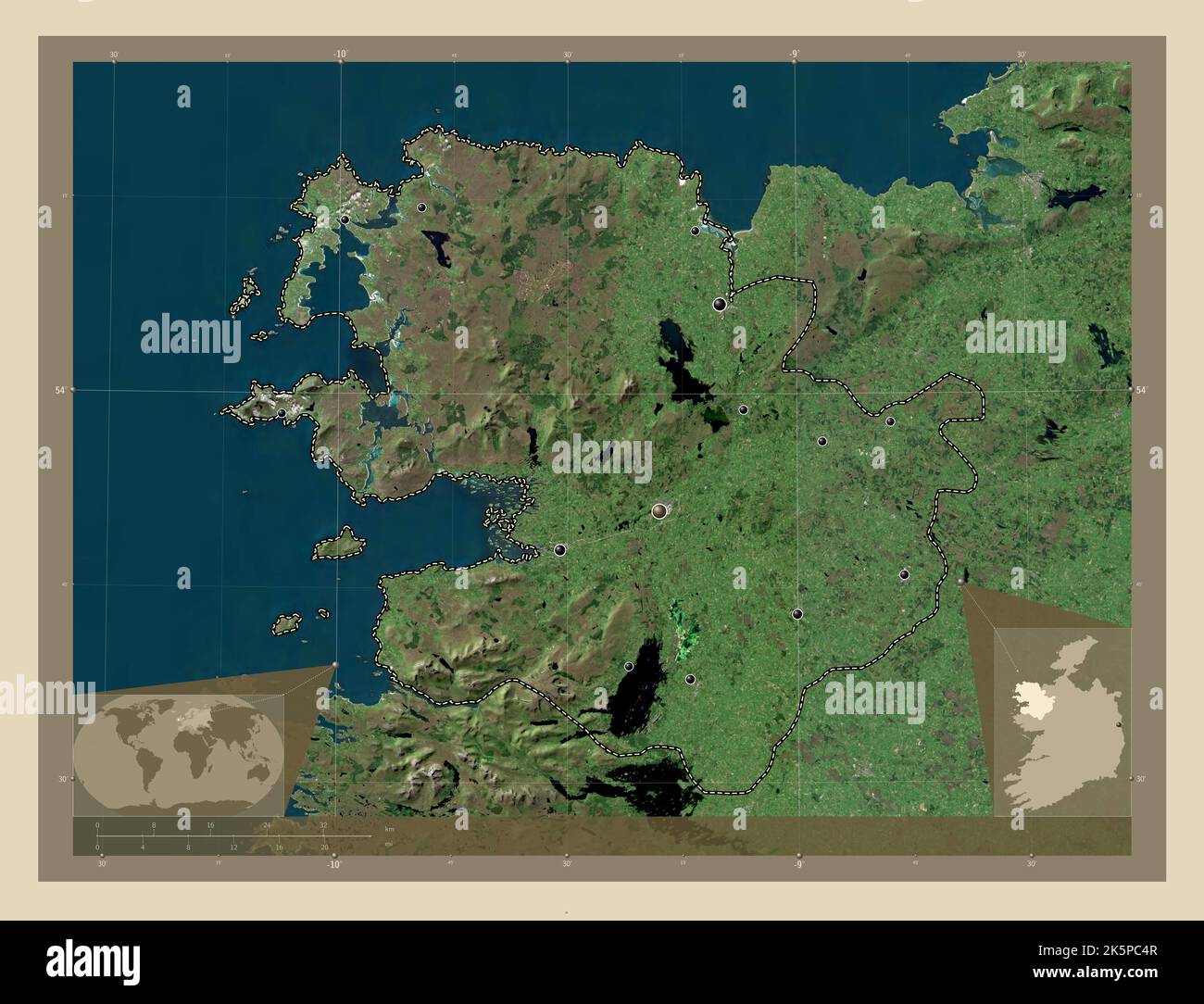 Mayo, county of Ireland. High resolution satellite map. Locations of ...