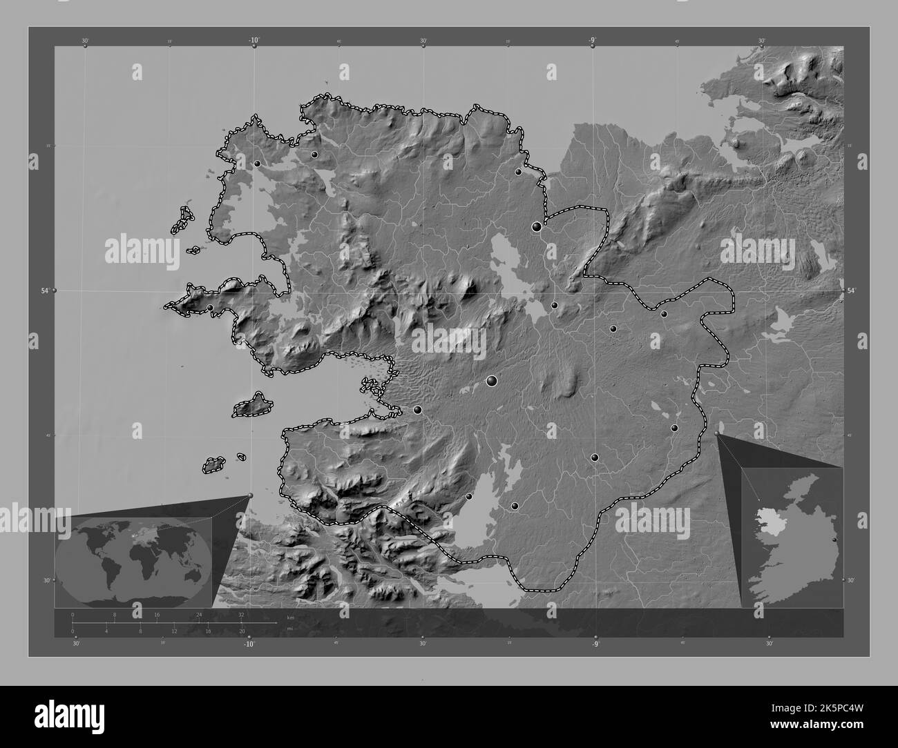 Mayo, county of Ireland. Bilevel elevation map with lakes and rivers ...