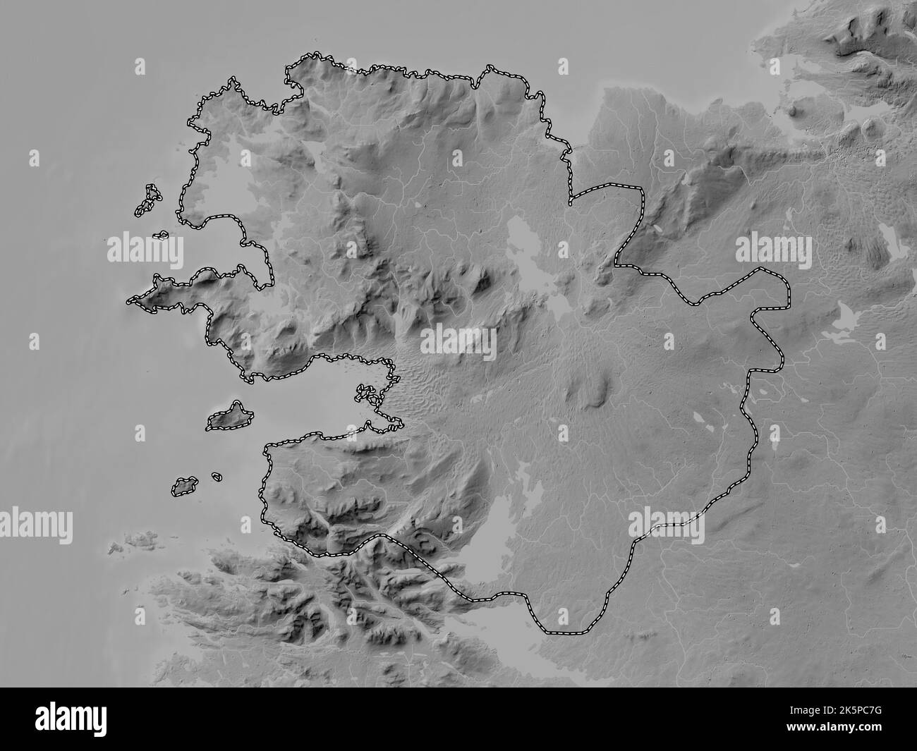 Mayo, county of Ireland. Grayscale elevation map with lakes and rivers ...