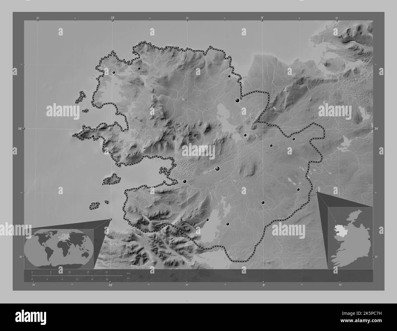 Mayo, county of Ireland. Grayscale elevation map with lakes and rivers ...