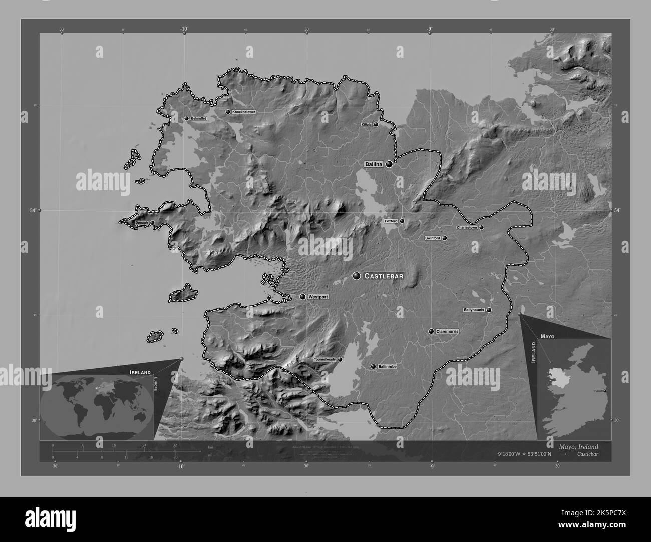 Mayo, county of Ireland. Bilevel elevation map with lakes and rivers ...