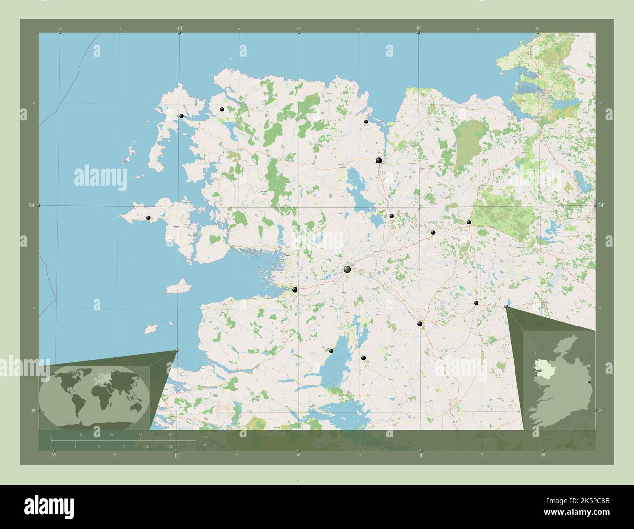 Mayo, county of Ireland. Open Street Map. Locations of major cities of ...