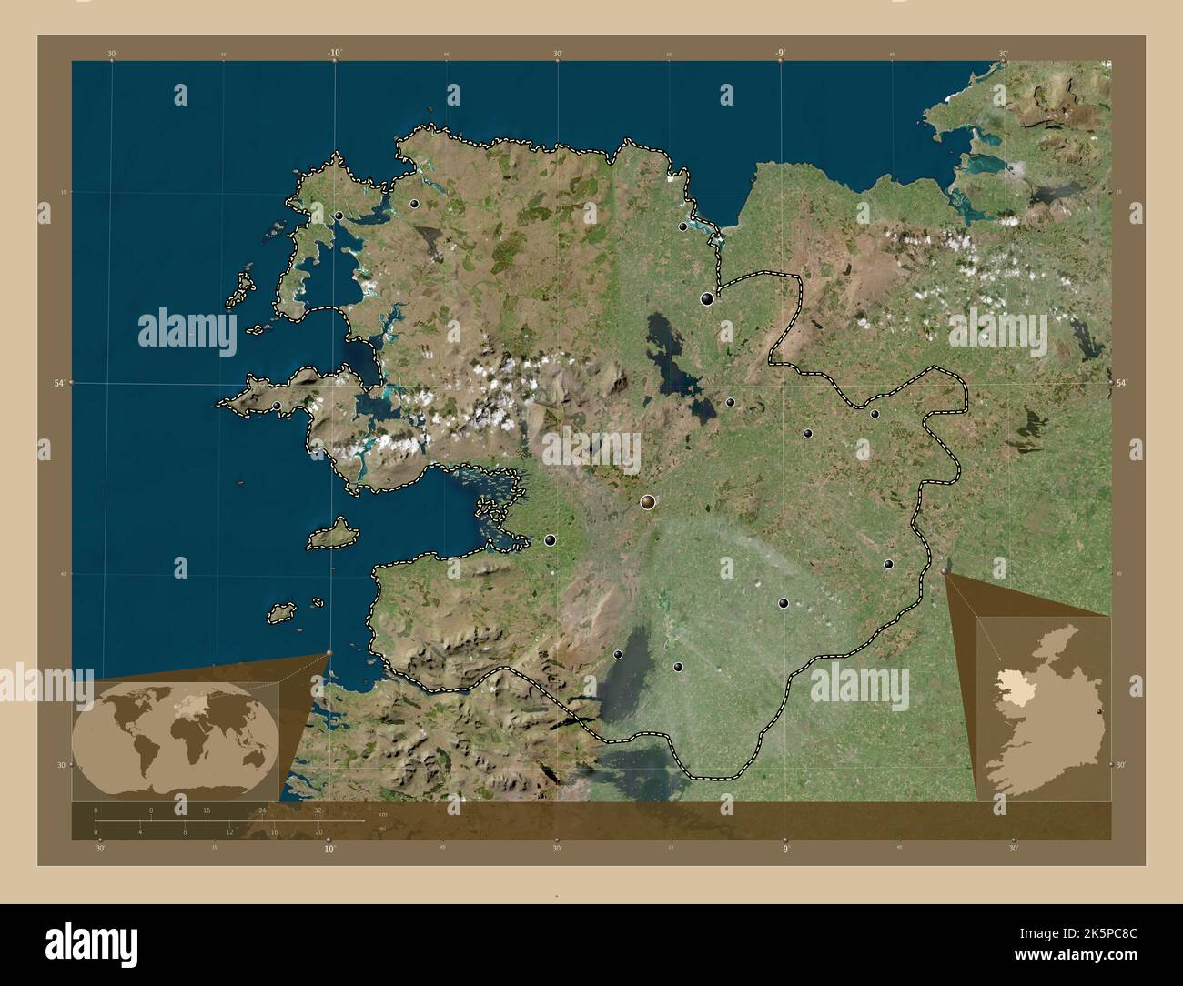 Mayo, county of Ireland. Low resolution satellite map. Locations of ...