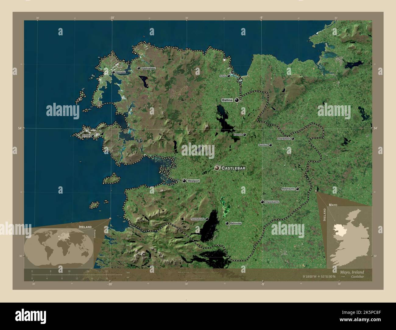 Mayo, county of Ireland. High resolution satellite map. Locations and ...