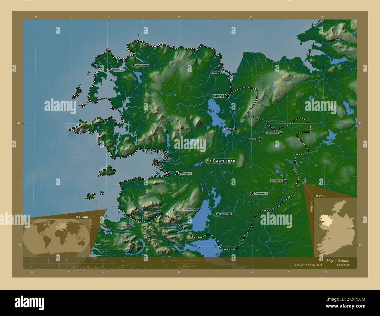 Mayo, county of Ireland. Colored elevation map with lakes and rivers ...