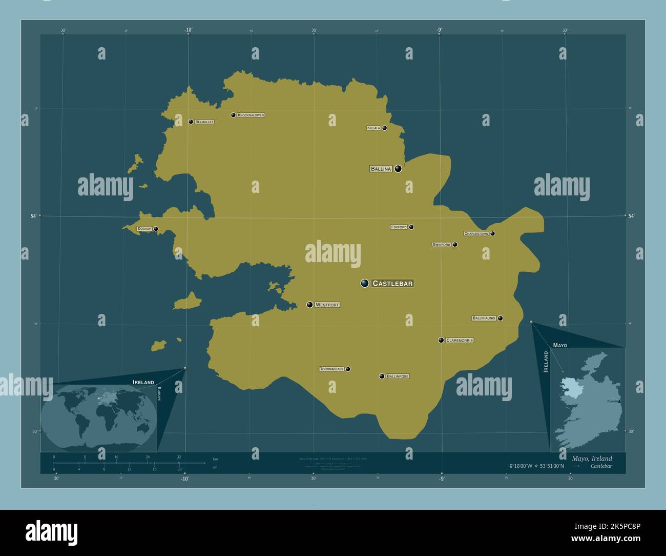 Mayo, county of Ireland. Solid color shape. Locations and names of ...