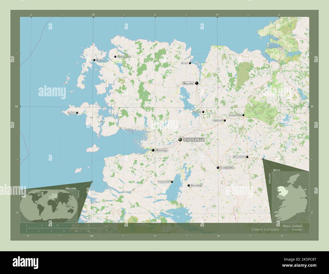 Mayo, county of Ireland. Open Street Map. Locations and names of major ...
